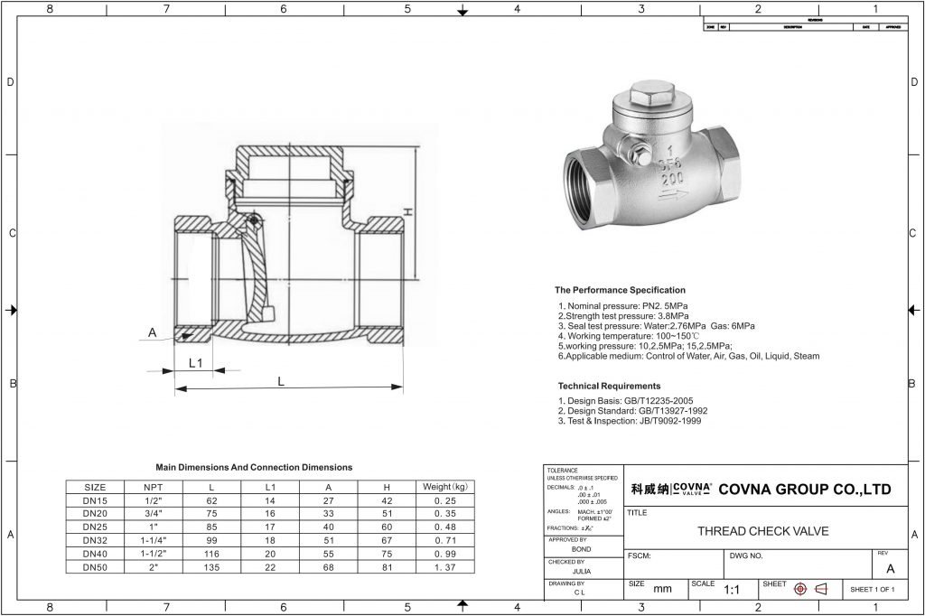 COVNA Swing Type Check Valve (Non Return Valve) - COVNA